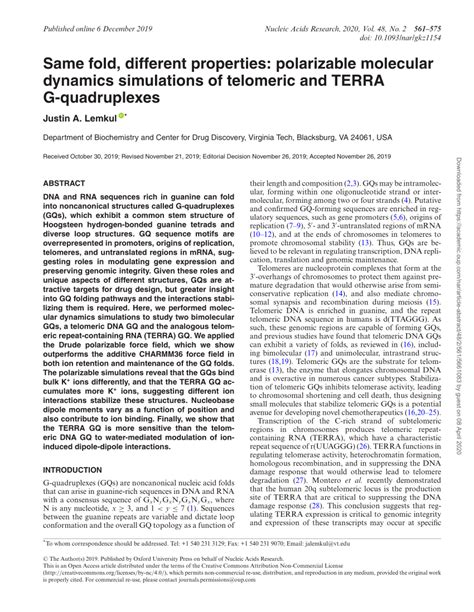 Pdf Same Fold Different Properties Polarizable Molecular Dynamics Simulations Of Telomeric