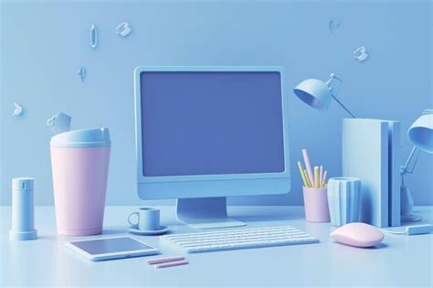 Modern Office Desk With Computer Monitor Keyboard Mouse Coffee Cup And
