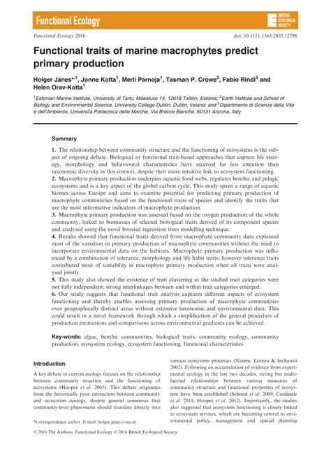 Pdf Functional Traits Of Marine Macrophytes Predict Primary Production