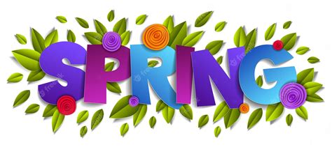 The Word Spring Made With Fresh Green Leaves And Flowers Stock