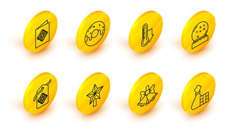 세트 라인 선물 상자 및 가방 메리 크리스마스 울리는 종 별 비문 판매와 가격표 스노우 글로브 떨어진 눈 기상학 온도계 측정 도넛 달콤한 유약 및 엽서 아이콘 벡터 3차원