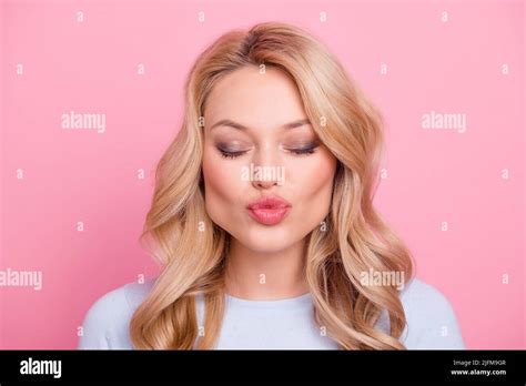 Photo Of Stunning Cute Lady Closed Eyes Pouted Lips Kiss Isolated On Pastel Pink Color