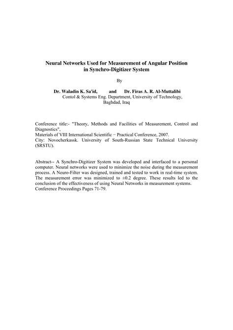 Pdf Neural Networks Used For Measurement Of Angular Position In