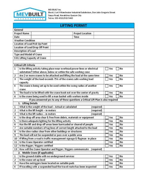 Lifting Permit Format Pdf Crane Machine
