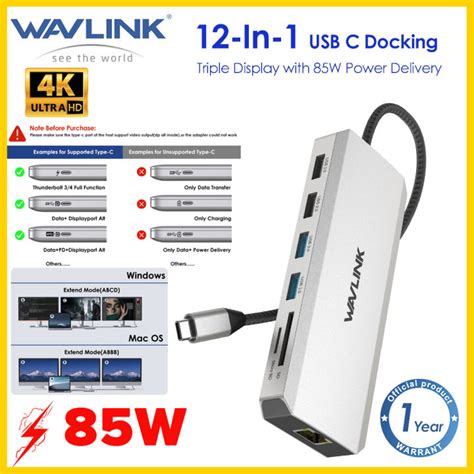 Wavlink Usb C ฮับสามจอ12 In 1อุปกรณ์เสริมสำหรับการเชื่อมต่อกับแลบทอปพร้อม4k Hdmi Dual 4k Dp 100w
