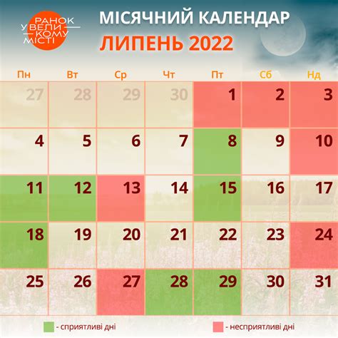 Місячний календар на липень 2022 року Ранок