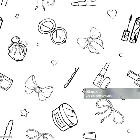 여자 물건 벡터 완벽 한 패턴입니다 여성의 의류 보석 화장품 선물과 로맨스와 패션 그림 귀여운 것 들의 실제 벡터 드로잉입니다 어린 소녀의 관심사 0명에 대한 스톡 벡터