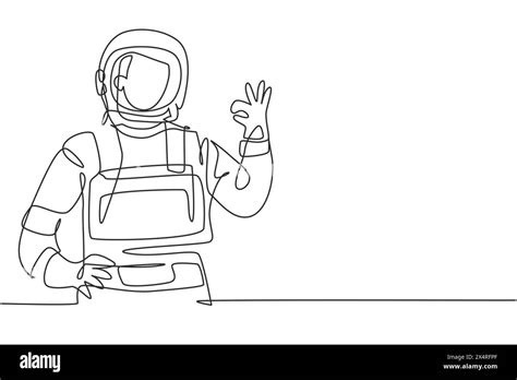 Single One Line Drawing Of Male Astronauts With Gesture Okay Wearing Spacesuits To Explore Outer