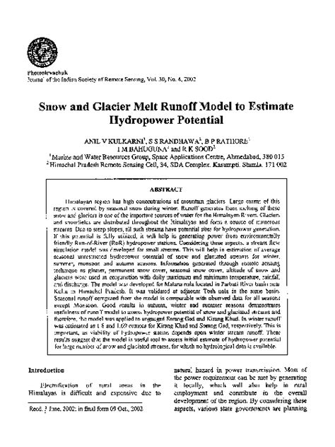 Snow And Glacier Melt Runoff Model To Estimate Hydropower Potential