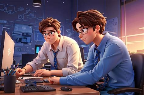 Premium Photo Young Anime Programmer At Computer And Boss Chief Talking In Office Colleagues