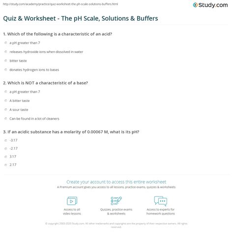Quiz And Worksheet The Ph Scale Solutions And Buffers