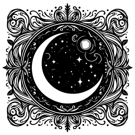 Ornate Black And White Celestial Illustration Crescent Moon Stars And Sun Surrounded By