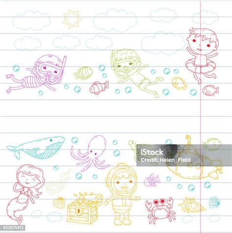 수 중 워터 파크 아이 바다와 바다 모험입니다 여름입니다 아이 그림입니다 낙서 이미지입니다 아이 들과 함께 만화 생물입니다 남자와 여자 수영 거북이에 대한 스톡 벡터 아트