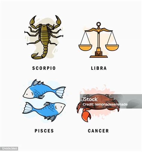 귀여운 조디악 전갈 천칭 자리 물고기자리 암 만화 컬렉션 벡터 일러스트 게자리에 대한 스톡 벡터 아트 및 기타 이미지 게자리