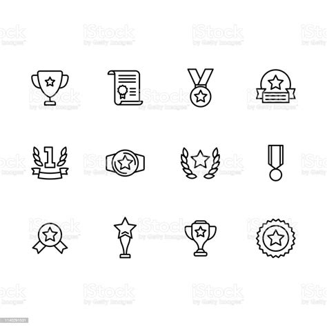 간단한 설정 기호 스포츠 트로피와 챔피언 컵 라인 아이콘입니다 이러한 아이콘 승리를 포함 우승 컵 수상 메달 졸업장 스포츠 대회 리더십 챔피언십 1 위 선 아이콘에 대한