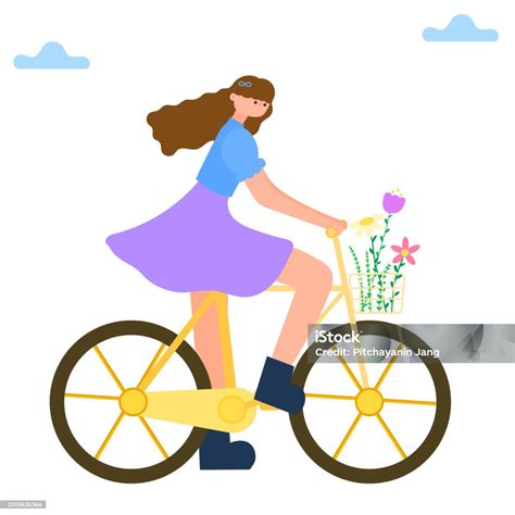 꽃 바구니 봄과 여름 야외 레저 활동 플랫 벡터 일러스트 레이 션으로 자전거를 타는 여자 건강한 생활방식에 대한 스톡 벡터 아트 및 기타 이미지 건강한 생활방식 계절