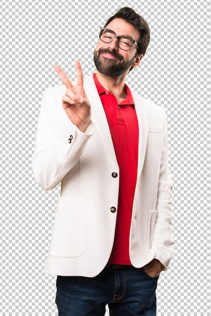 Premium Psd Brunette Man With Glasses Making Victory Gesture
