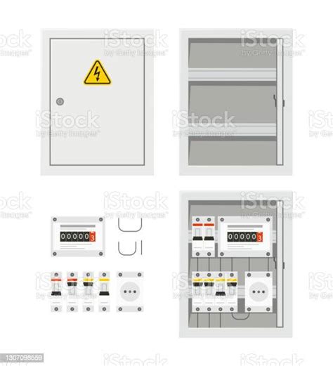 개방형 및 닫기 문이 있는 전원 스위치 패널 퓨즈 박스 플랫 스타일로 격리된 벡터 그림 배전반에 대한 스톡 벡터 아트 및 기타 이미지 배전반 제어 제어판 Istock