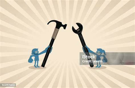 조정 가능한 렌치와 망치를 들고있는 두 명의 행복한 여성 수리에 대한 스톡 벡터 아트 및 기타 이미지 수리 조절하기 팀워크 Istock