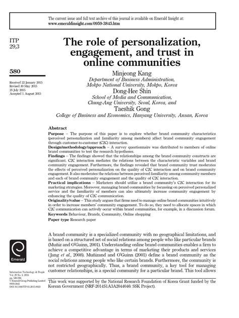 The Role Of Personalization Engagement And Trust In Online Communities Pdf Brand Validity