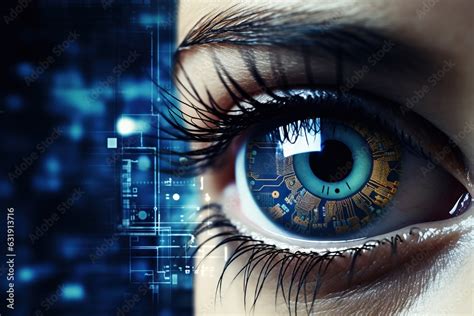 Futuristic Female Human Eye With Graphical Technology Overlay Blue Sci Fi Cyber Cybernetic