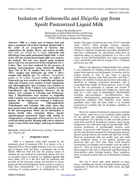 Isolation Of Salmonella And Shigella Spp From Spoilt Pasteurized Liquid Milk Pdf Milk Staining