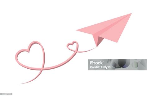 심장 모양의 선을 가진 비행 종이 비행기 심장 항공 노선 하트가 있는 분홍색 종이 비행기 발렌타인 데이사랑 여행 경로 비행기 선