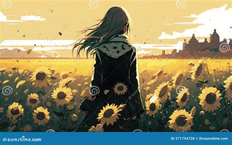 A Girl In A Sunflower Field With Long Blonde Hair Anime Style Illustration Generative Ai