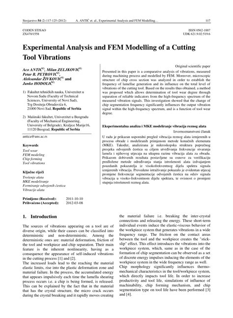 Pdf Experimental Analysis And Fem Modelling Of A Cutting Tool Vibrations