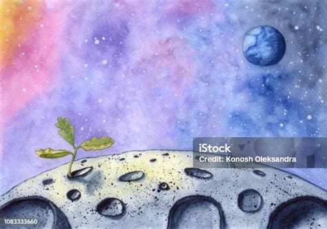 손으로 그린 수채화 우주 공간에 달의 표면에 성장 작은 공장 나무에 대한 스톡 벡터 아트 및 기타 이미지 나무 로맨스 별 Istock