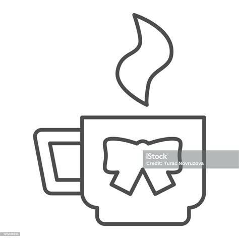 리본 얇은 선 아이콘 컵 아침 식사 뜨거운 음료 머그잔 증기와 리본 기호 흰색 배경에 윤곽 스타일 그림 모바일 컨셉 및 웹