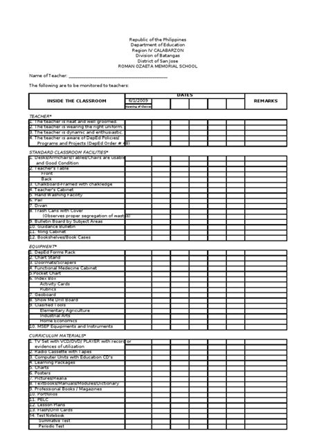 Monitoring Checklist Pdf Classroom Learning
