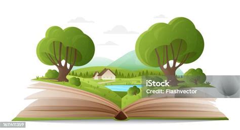 펼쳐진 책의 종이 페이지에 있는 여름 숲 풍경 동화책에 있는 마법의 봄 자연 가족에 대한 스톡 벡터 아트 및 기타 이미지 가족 개념 교육 Istock