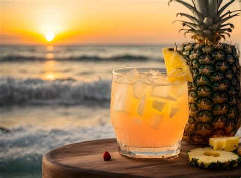 Tropical Mocktail Cocktail At Sunset On The Beach Premium Ai
