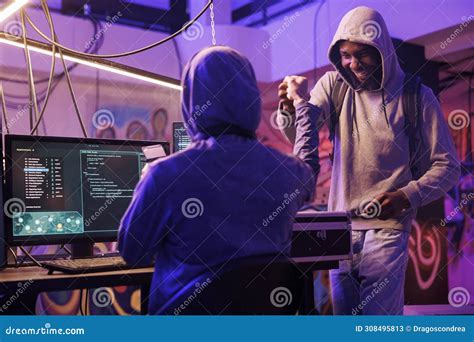 Hacker Giving Fist Bump To Crime Partner Stock Image Image Of Gesture Break 308495813