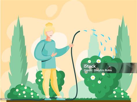 소녀 원예 식물입니다 나무를 심는 여자 호스에서 그에게 물을 붓고 농업 정원사 취미 갈퀴에 대한 스톡 벡터 아트 및 기타 이미지 갈퀴 귀여운 나무 Istock