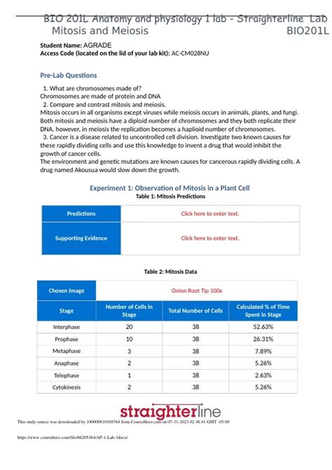 BIO L Anatomy And Physiology Lab Straighterline Lab Mitosis And Meiosis BIO L BIO