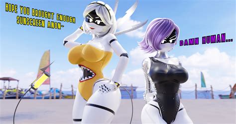 Rule 34 2girls 3d Absurdres Annoyed Anon Arms Behind Back Beach Big Breasts Blender Blush