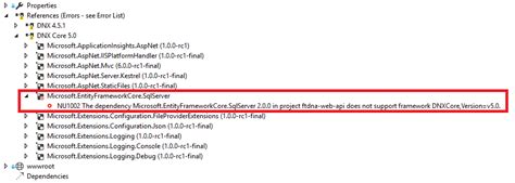 Core Mvc Entity Framework 20 Does Not Support Dnx Version 5