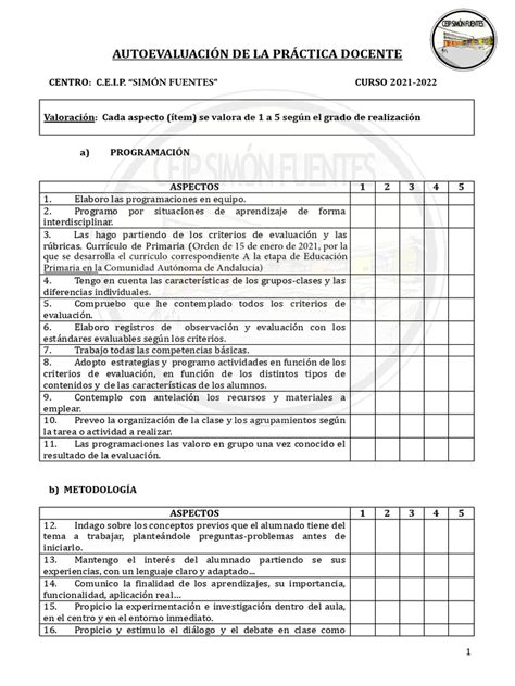 Autoevaluación Docente Pdf Evaluación Aprendizaje