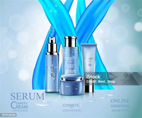 럭셔리 화장품 병 패키지 피부 케어 크림 뷰티 화장품 제품 포스터 Bokeh 및 물 배경 3차원 형태에 대한 스톡 벡터 아트 및