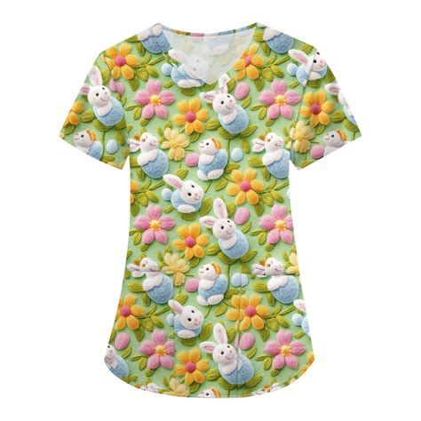 Adssdq Easter Scrub Tops Women Plus Size Cute Bunny Print Nurse Working