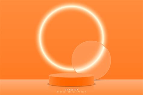 제품 모형을 위한 최소한의 장면 배너입니다 빛나는 네온 링 모양과 투명한 유리 모양이 있는 사실적인 주황색 3d 실린더 연단 받침대 무대 제품 전시를 위한 디자인 쇼케이스를