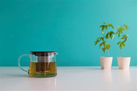 도자기에 있는 마리화나 식물을 가진 백색 테이블 뜨거운 Cbd 차와 찻주전자 청록색 배경입니다 Thc에 대한 스톡 사진 및 기타 이미지 Istock
