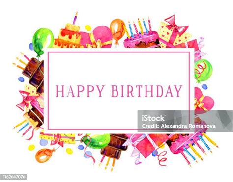 케이크 양초 풍선 및 선물 상자 생일 요소프레임 템플릿 손으로 그린 만화 수채화 스케치 일러스트 그리기에 대한 스톡 벡터 아트 및 기타 이미지 Istock