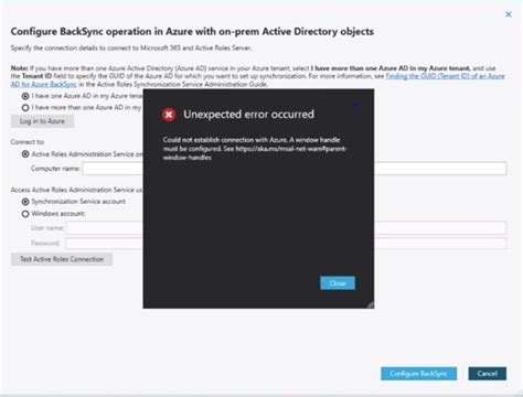 Synchronization Services Unexpected Error Occurred When Configuring Login To Azure For BackSync
