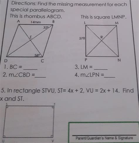Solved Directions Find The Missing Measurement For Each Special Parallelogram This Is Rhombus