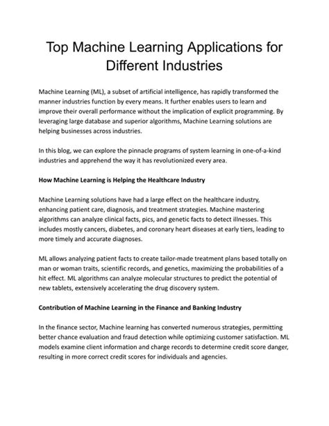 Ppt Top Machine Learning Applications For Different Industries