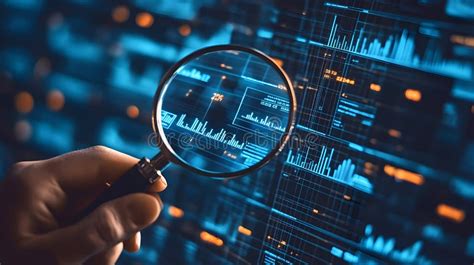Hand Holding Magnifying Glass Over Digital Data Charts And Analytics On