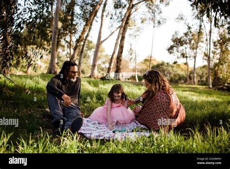 Aunt Uncle And Niece Having Picnic In Field Stock Photo Alamy